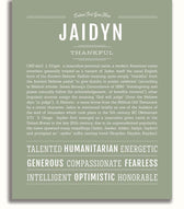 Jaidyn Personalized Name Meaning Art Prints – Name Stories