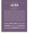 Jaina Personalized Name Meaning Art Prints – Name Stories