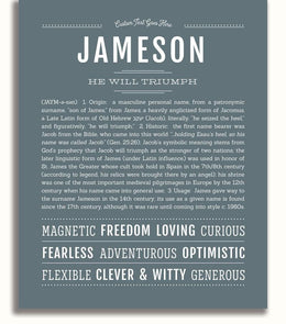 Jameson Personalized Name Meaning Art Prints – Name Stories