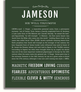 Jameson Personalized Name Meaning Art Prints – Name Stories