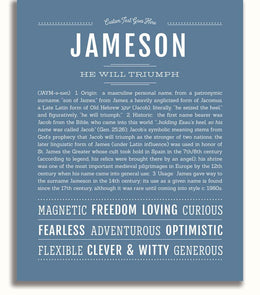 Jameson Personalized Name Meaning Art Prints – Name Stories
