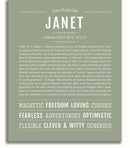 Janet Personalized Name Meaning Art Prints – Name Stories