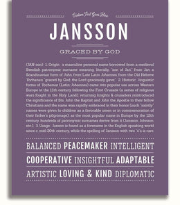Jansson Personalized Name Meaning Art Prints – Name Stories
