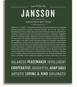 Jansson Personalized Name Meaning Art Prints – Name Stories