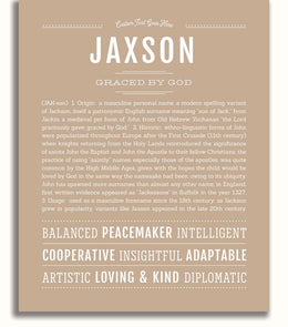 Jaxson Personalized Name Meaning Art Prints – Name Stories