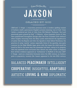 Jaxson Personalized Name Meaning Art Prints – Name Stories