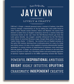 Jaylynn Personalized Name Meaning Art Prints – Name Stories