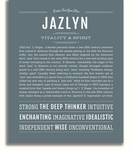 Jazlyn Personalized Name Meaning Art Prints – Name Stories