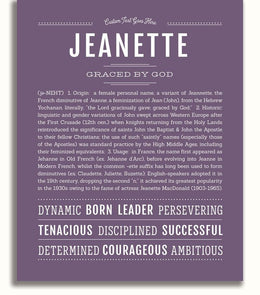 Jeanette Personalized Name Meaning Art Prints – Name Stories