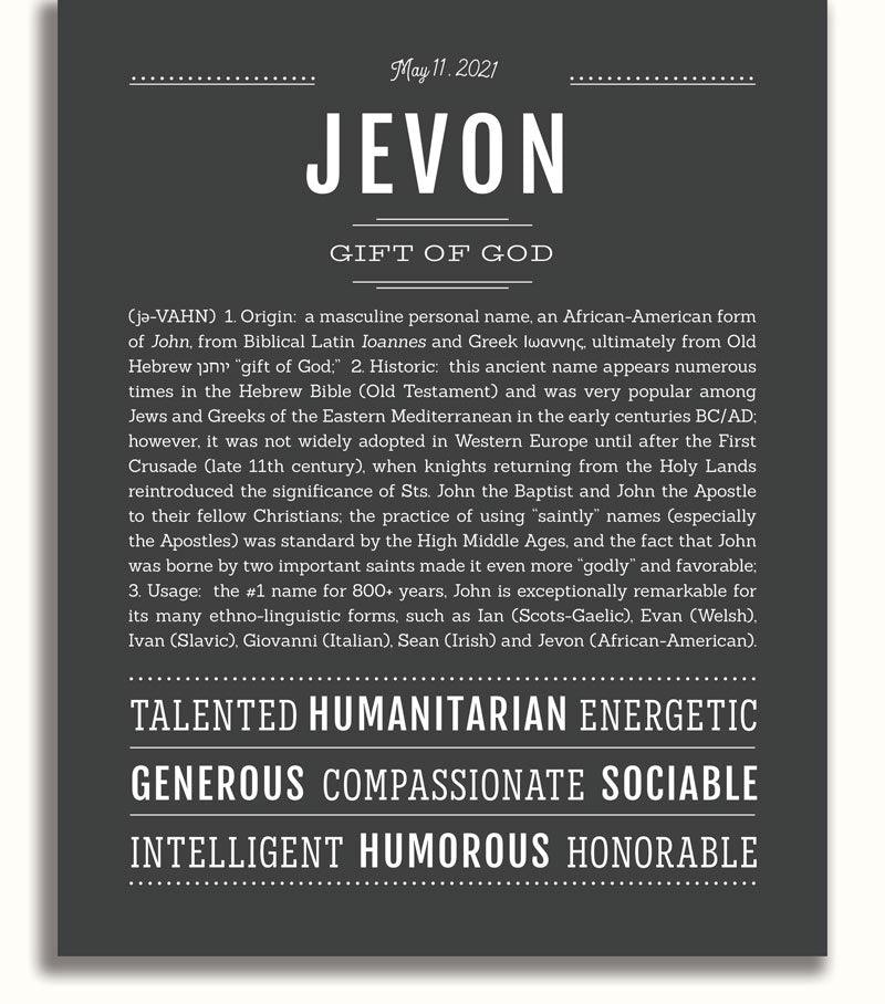Jevon Personalized Name Meaning Art Prints – Name Stories