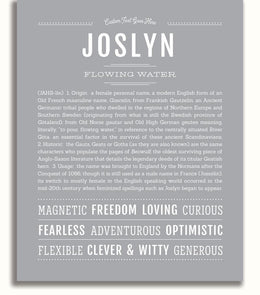 Joslyn Personalized Name Meaning Art Prints – Name Stories