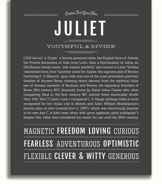 Juliet Personalized Name Meaning Art Prints – Name Stories