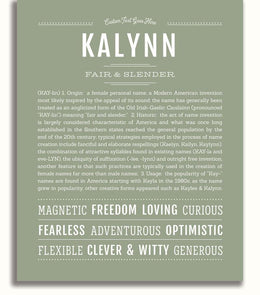 Kalynn Personalized Name Meaning Art Prints – Name Stories