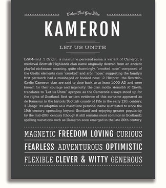 Kameron Personalized Name Meaning Art Prints – Name Stories