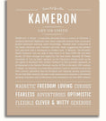 Kameron Personalized Name Meaning Art Prints – Name Stories