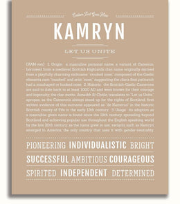 Kamryn Personalized Name Meaning Art Prints – Name Stories