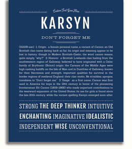 Karsyn Personalized Name Meaning Art Prints – Name Stories