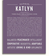 Katlyn Personalized Name Meaning Art Prints – Name Stories