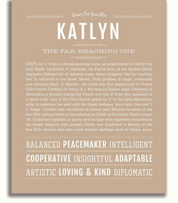Katlyn Personalized Name Meaning Art Prints – Name Stories