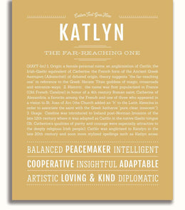 Katlyn Personalized Name Meaning Art Prints – Name Stories