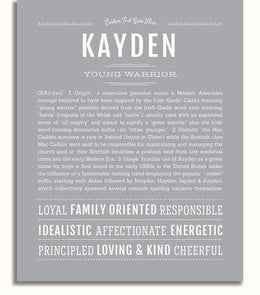 Kayden Personalized Name Meaning Art Prints – Name Stories
