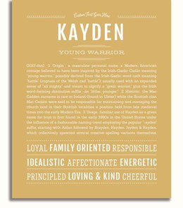 Kayden Personalized Name Meaning Art Prints – Name Stories