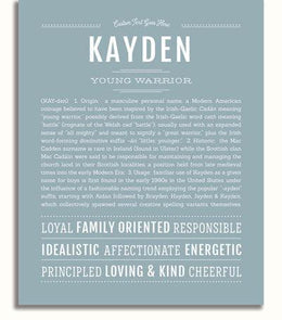 Kayden Personalized Name Meaning Art Prints – Name Stories