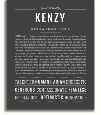 Kenzy Personalized Name Meaning Art Prints – Name Stories