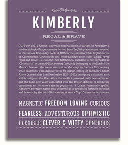 Kimberly Personalized Name Meaning Art Prints – Name Stories