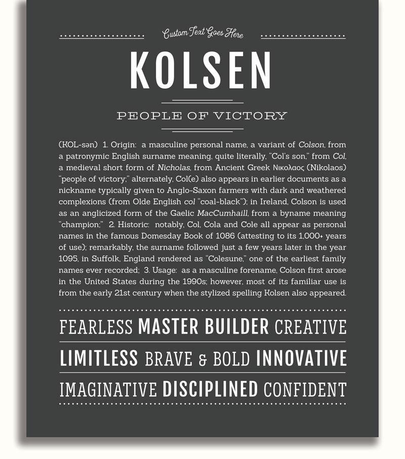 Kolsen Personalized Name Meaning Art Prints – Name Stories