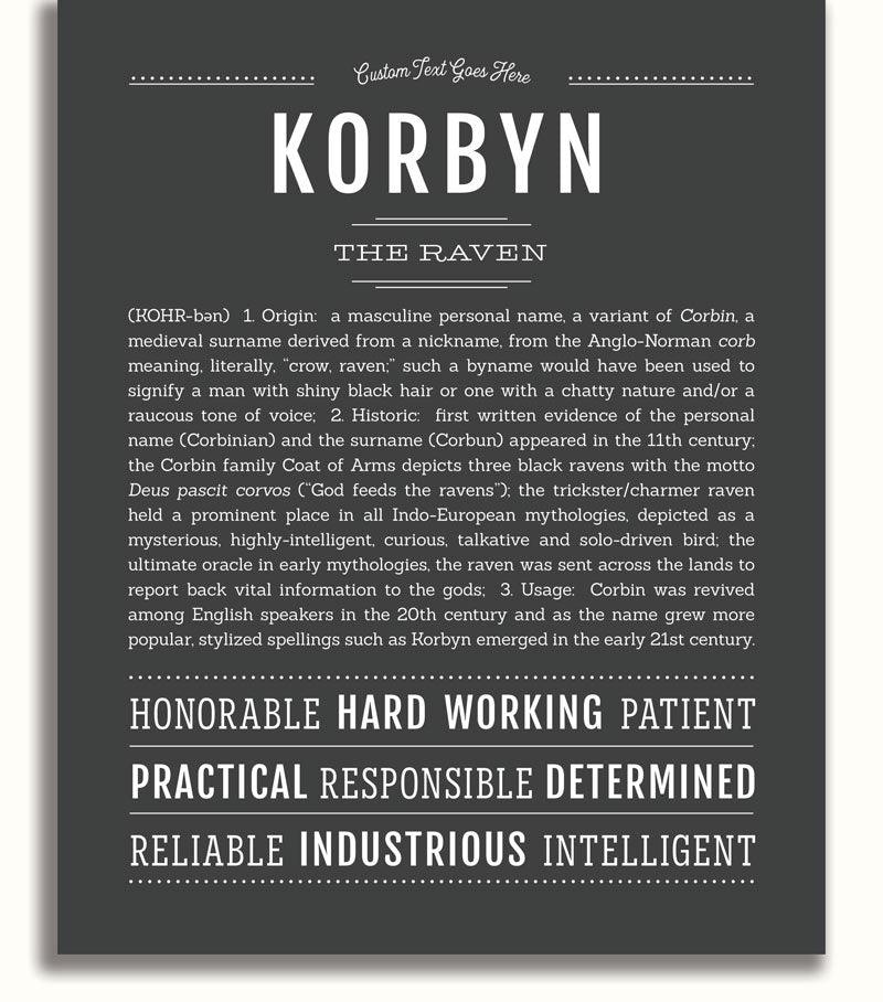 Korbyn Personalized Name Meaning Art Prints – Name Stories