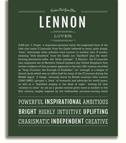 Lennon Personalized Name Meaning Art Prints – Name Stories