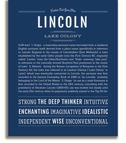 Lincoln Personalized Name Meaning Art Prints – Name Stories