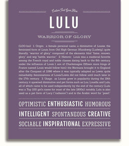 Lulu Personalized Name Meaning Art Prints – Name Stories