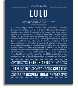Lulu Personalized Name Meaning Art Prints – Name Stories