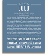 Lulu Personalized Name Meaning Art Prints – Name Stories