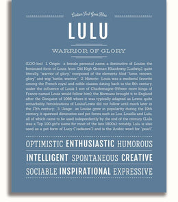 Lulu Personalized Name Meaning Art Prints – Name Stories
