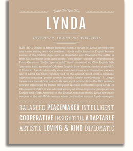 Lynda Personalized Name Meaning Art Prints – Name Stories