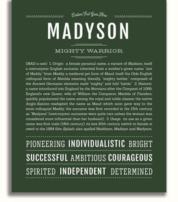 Madyson Personalized Name Meaning Art Prints – Name Stories