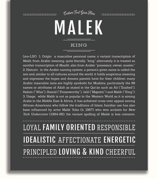 Malek Personalized Name Meaning Art Prints – Name Stories