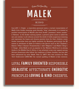 Malek Personalized Name Meaning Art Prints – Name Stories