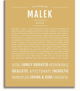 Malek Personalized Name Meaning Art Prints – Name Stories