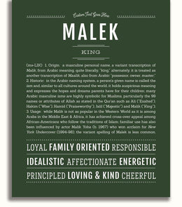 Malek Personalized Name Meaning Art Prints – Name Stories