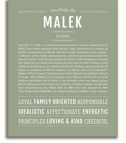 Malek Personalized Name Meaning Art Prints – Name Stories