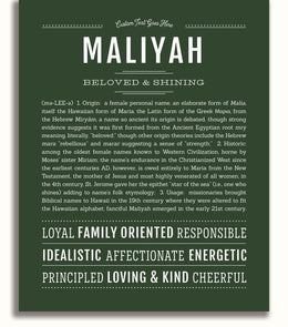 Maliyah Personalized Name Meaning Art Prints – Name Stories
