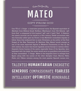 Mateo Personalized Name Meaning Art Prints – Name Stories