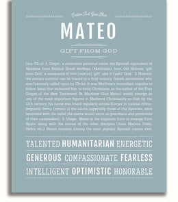 Mateo Personalized Name Meaning Art Prints – Name Stories