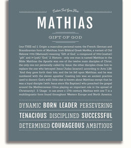 Mathias Personalized Name Meaning Art Prints – Name Stories