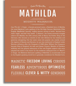 Mathilda Personalized Name Meaning Art Prints – Name Stories