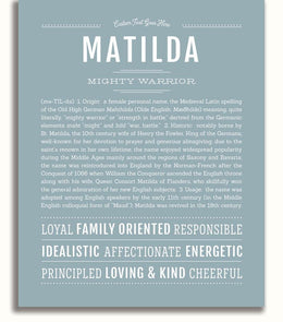 Matilda Personalized Name Meaning Art Prints – Name Stories
